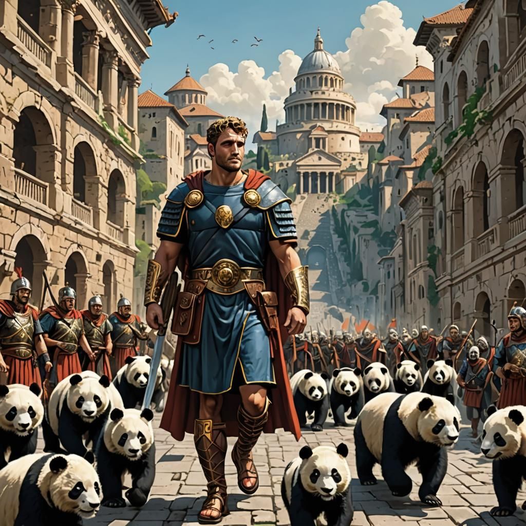 Ancient Roman Emperor Surrounded by Pandas in a Vi... - AI Art