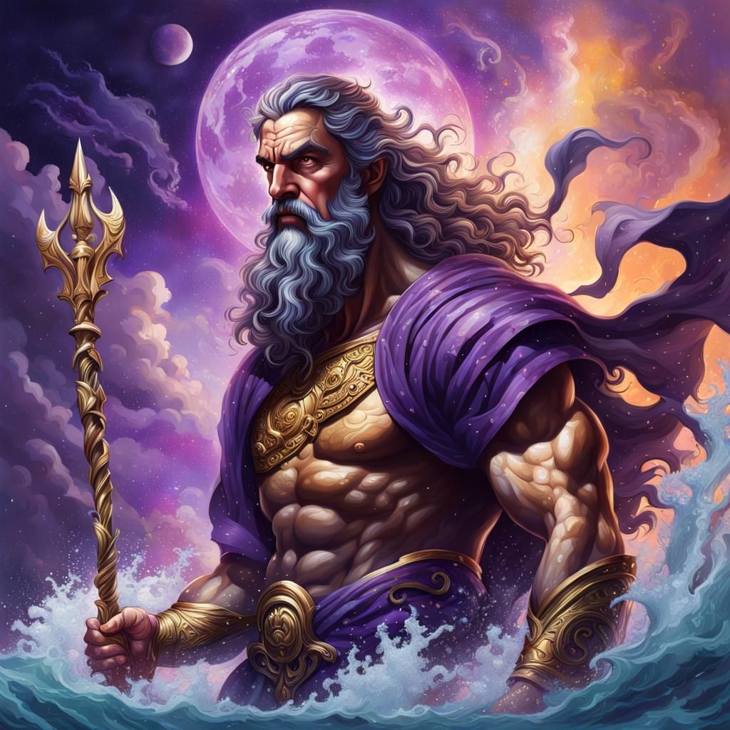 A portrait of an extremely handsome Poseidon with purple robe ...