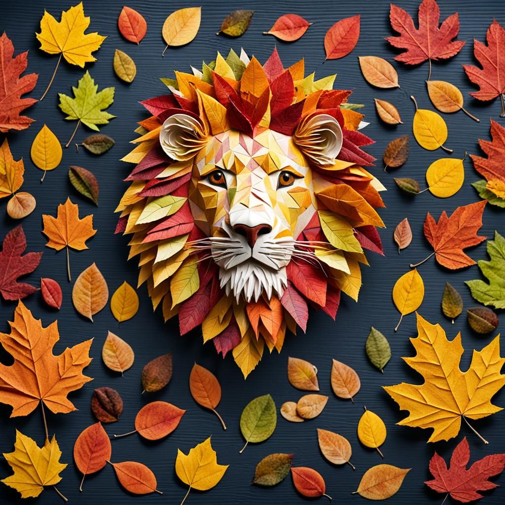 A lion made from colorful autumn leaves, handcraft, made of leaves ...