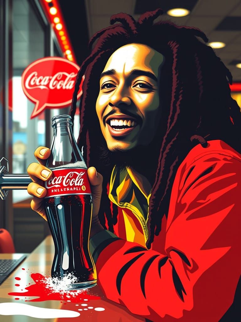 Bob Marley in Pop Art, Enjoying a Coke in a Soda F... - AI Art