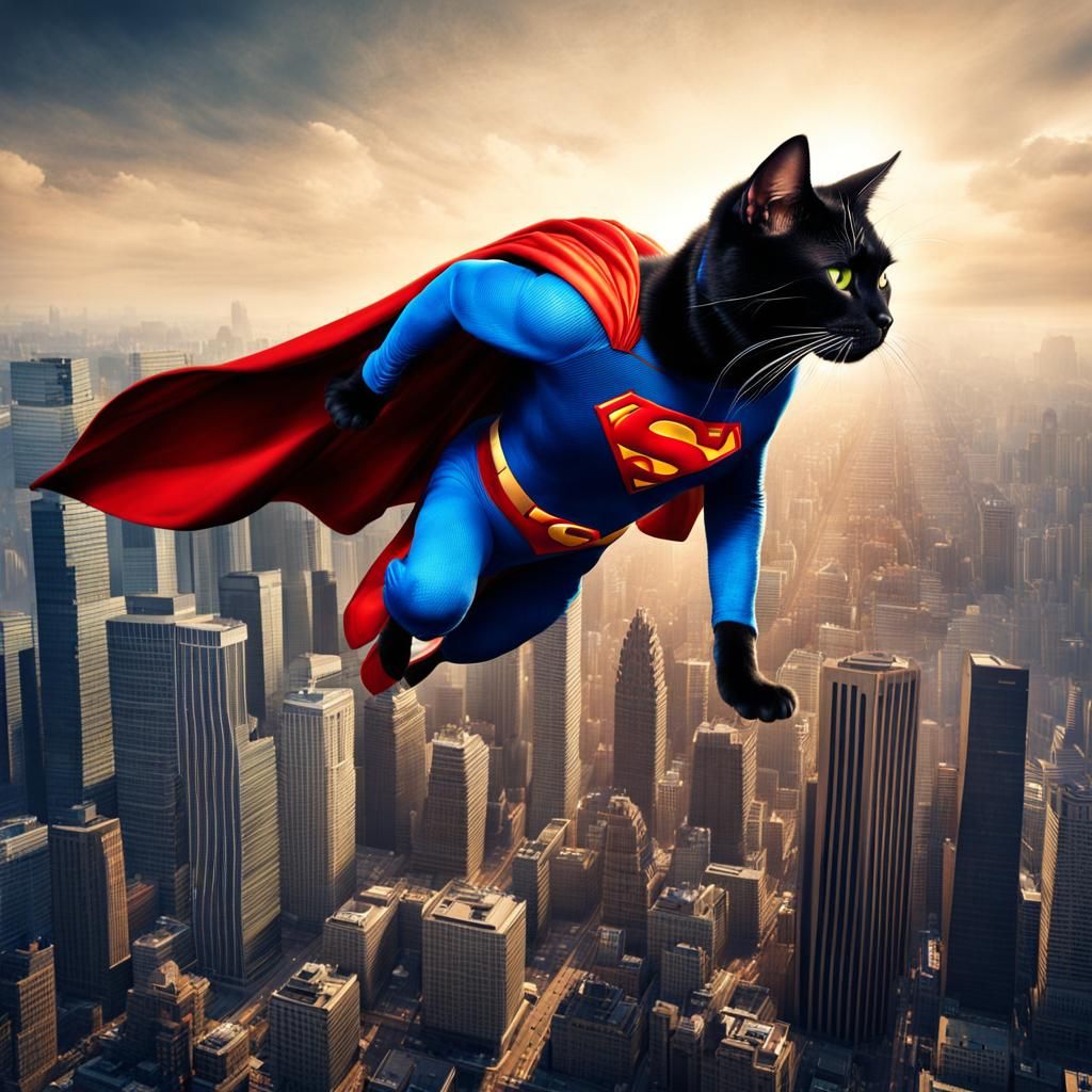 Cat dressed as Superman flying over the city / professional photography ...