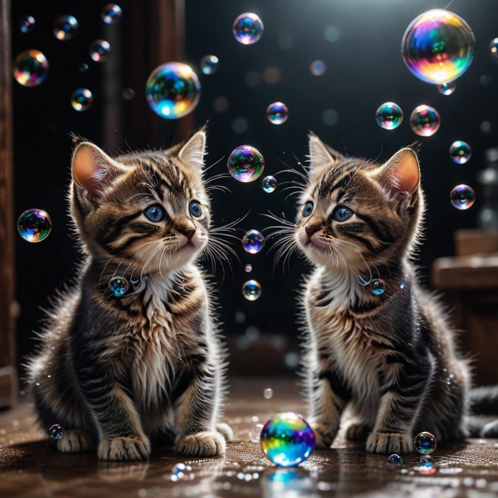 kittens playing with iridescent soap bubbles