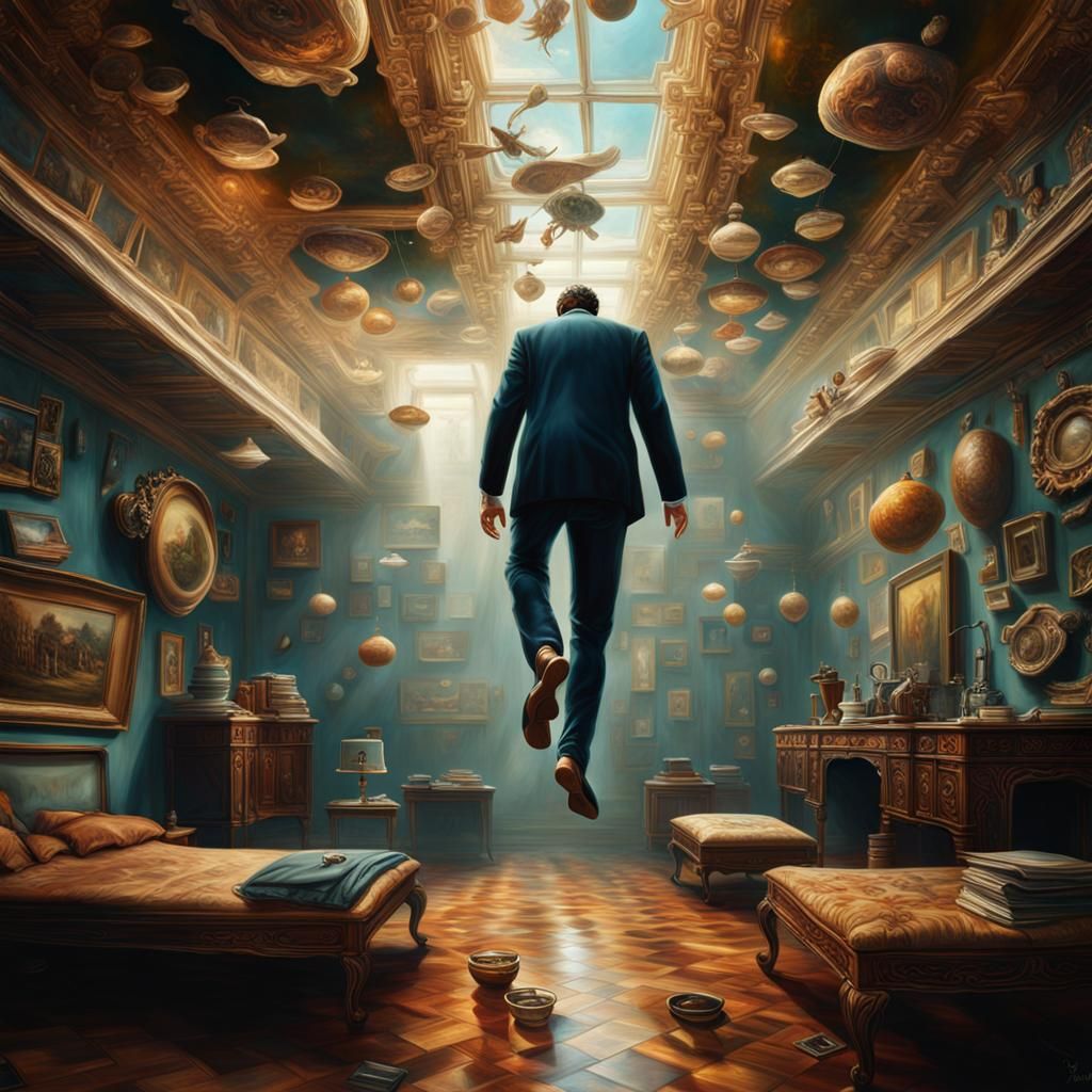 A man walks feets on the ceiling. Floating objects Everything is upside ...