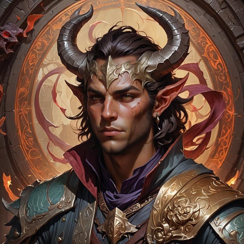 dungeon & dragons, young male tiefling, very beautiful, soft features ...