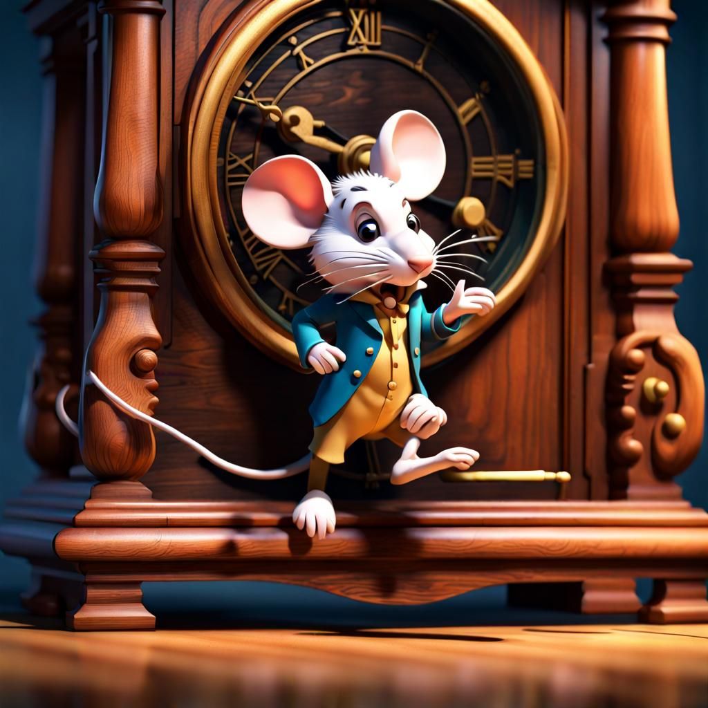 tiny mouse running up the side of a giant antique wooden grandfather ...