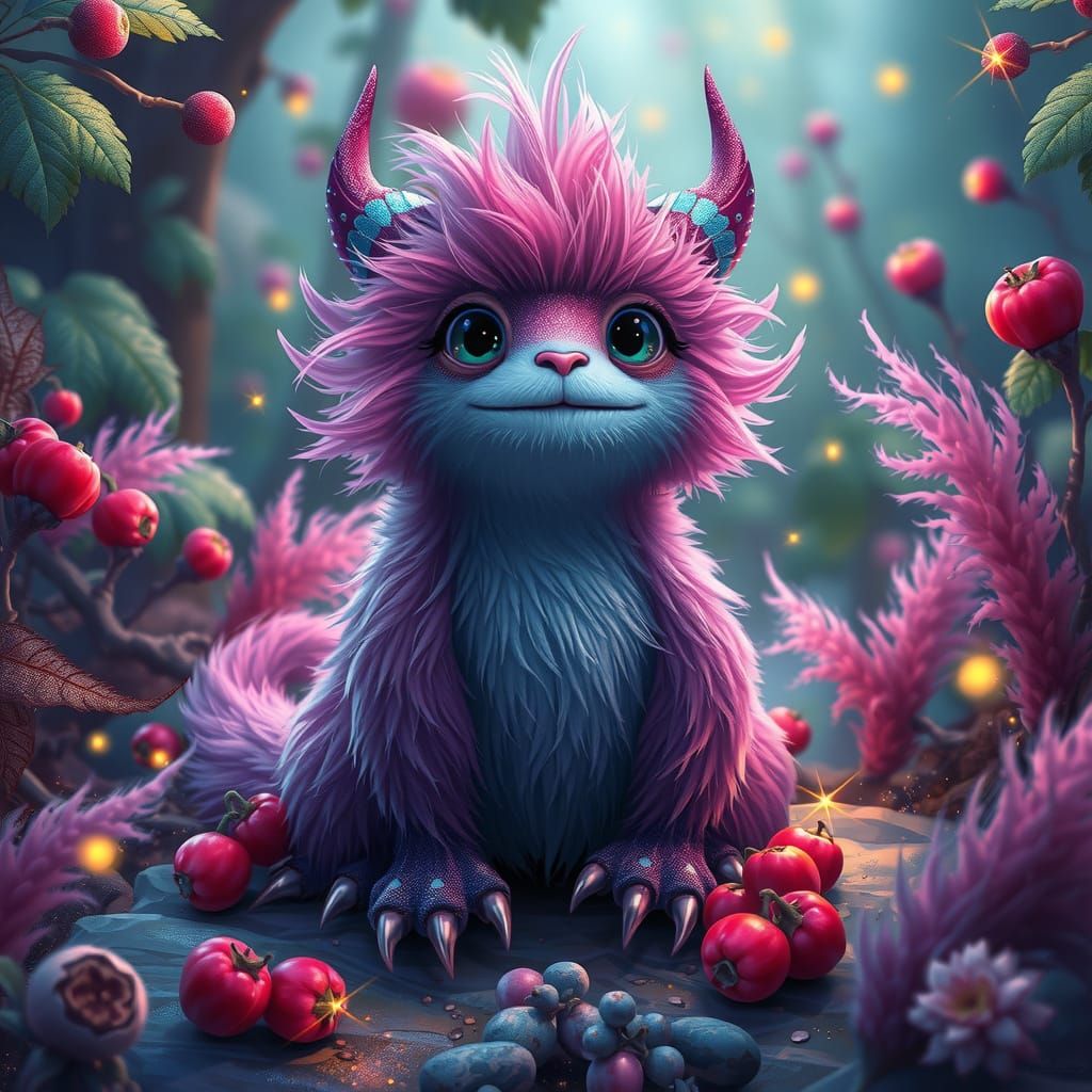 Glittery Berry Monster Foo - Whimsical Forest Creature in Pa...