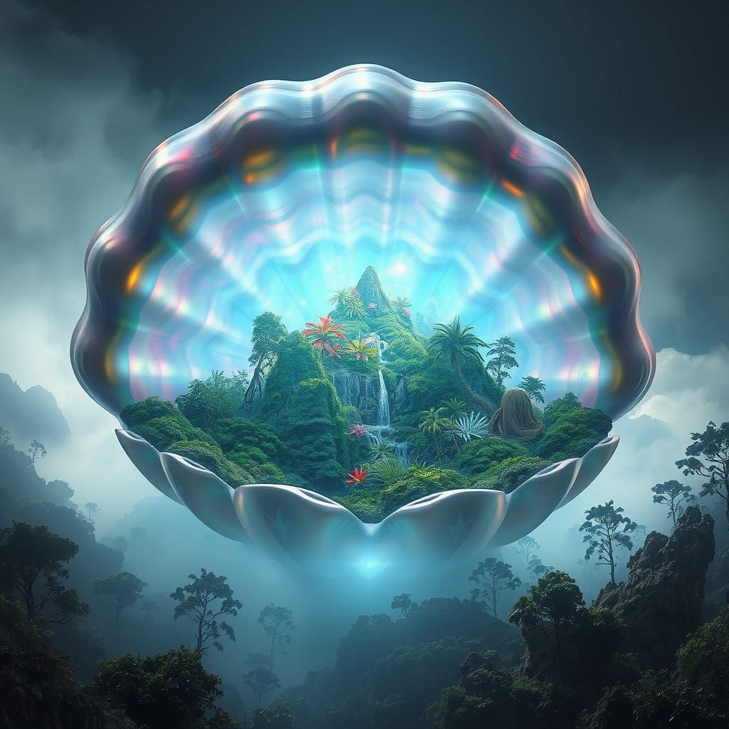 Iridescent Shell Container with Vibrant Nature Pho... - AI Art