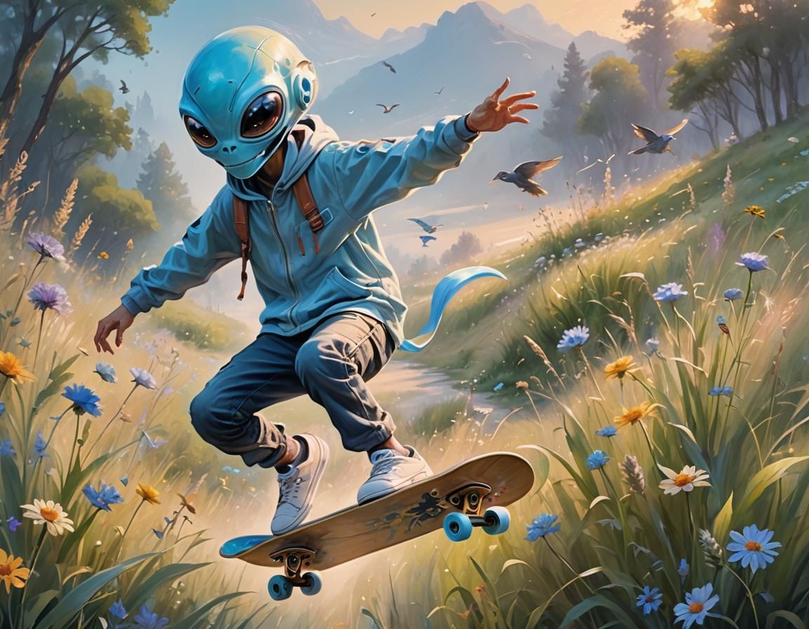 Cute Alien on Skateboard - AI Generated Artwork - NightCafe Creator