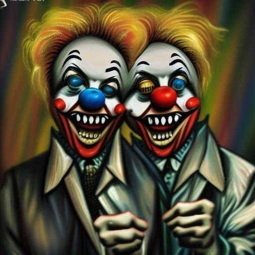 Two headed CLOWN,SCARY,HORROR,IMPASTO...more crazy with sharp teeth one ...