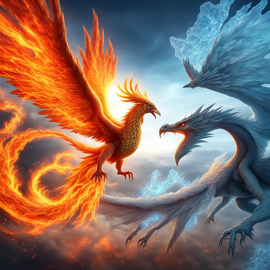 A phoenix with a flaming aura spread its wings in the sky, fighting ...
