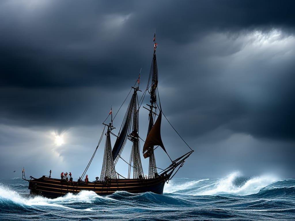 An ancient mariner with his ship in the tormanting tempestuous night at ...