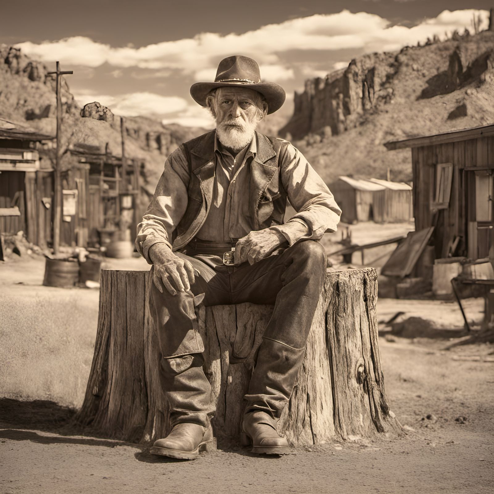 Old West miner in a ghost town sitting on a stump, lonely, forlorn ...