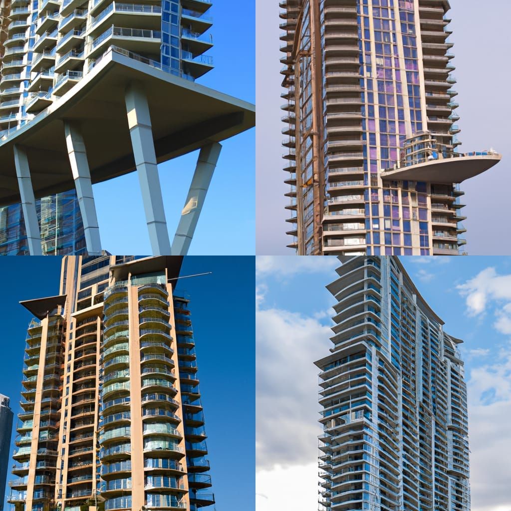 a luxury condo building hovering 2000 feet above the city, connected to ...