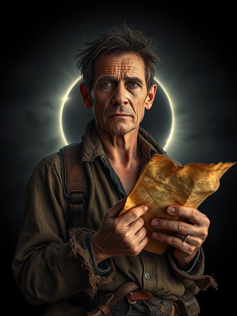 A rugged, worn Eclipse Explorer, clad in tattered, earth-toned attire ...