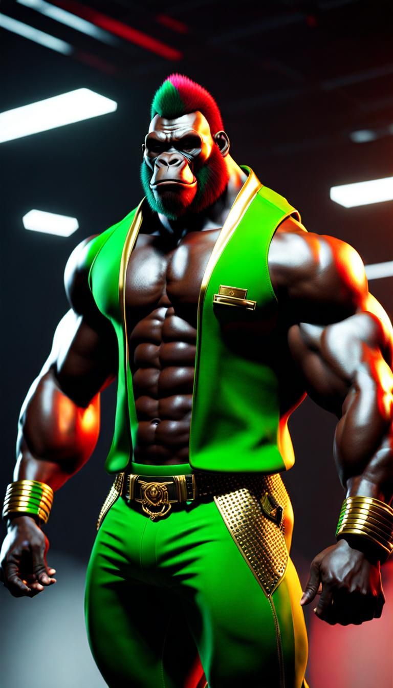 Unreal Engine 5, handsome gorilla bodybuilder, on the runway modeling ...