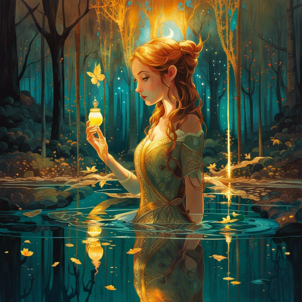 "A curious Disney princess touching a mirrored reflection of herself in ...