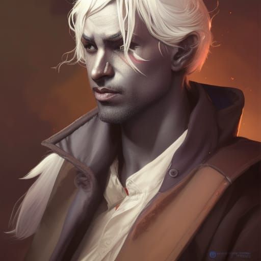 male Drow bard with dark brown skin, white hair and amber colored eyes ...