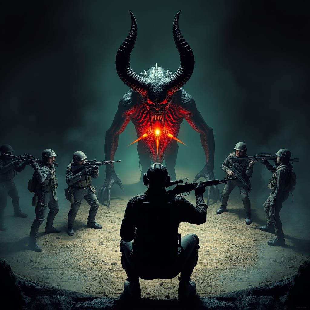 Tactical Humans Summon Demon with Snipers, Dark Fa... - AI Art