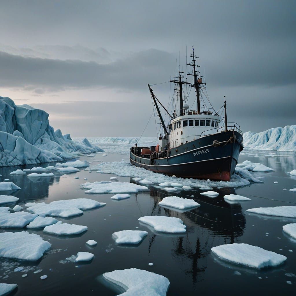 Russian trawler navigating an ice-flow in the Bering sea