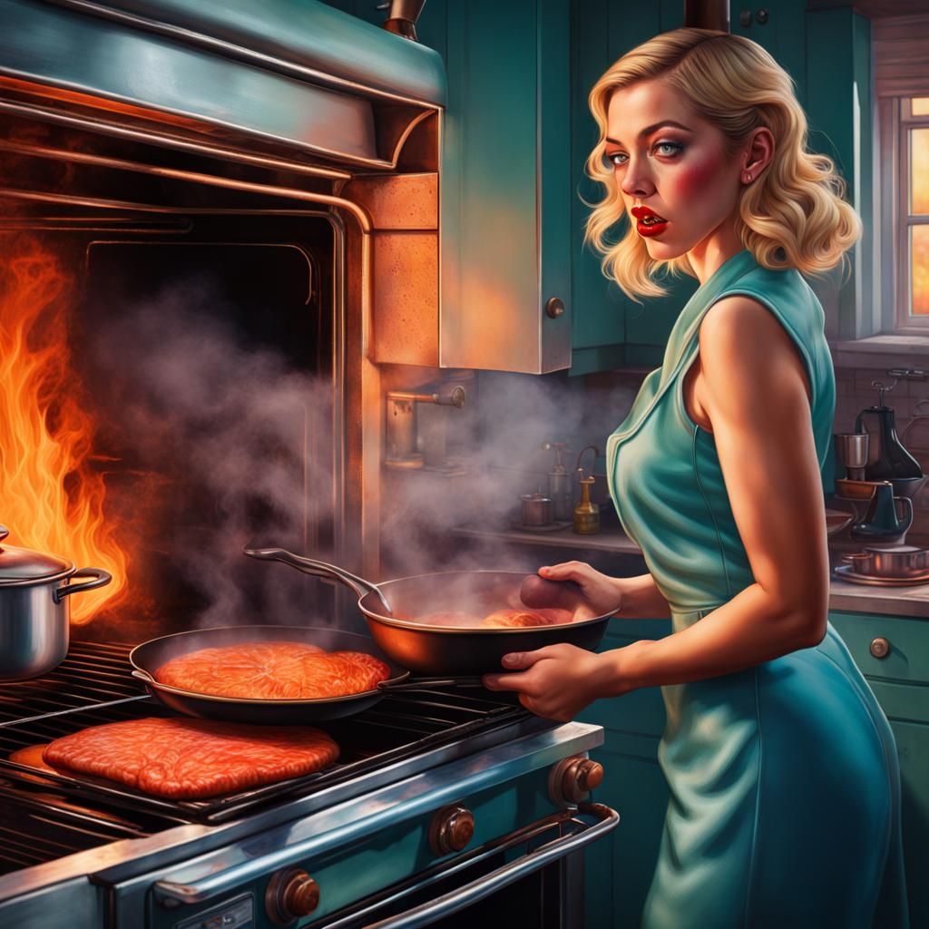 Sydney Sweeney 1920s pinup girl cooking in a scary living monster oven ...