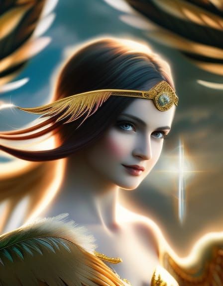 Llike angel with feather wings, beautiful face, over-detailed eyes ...