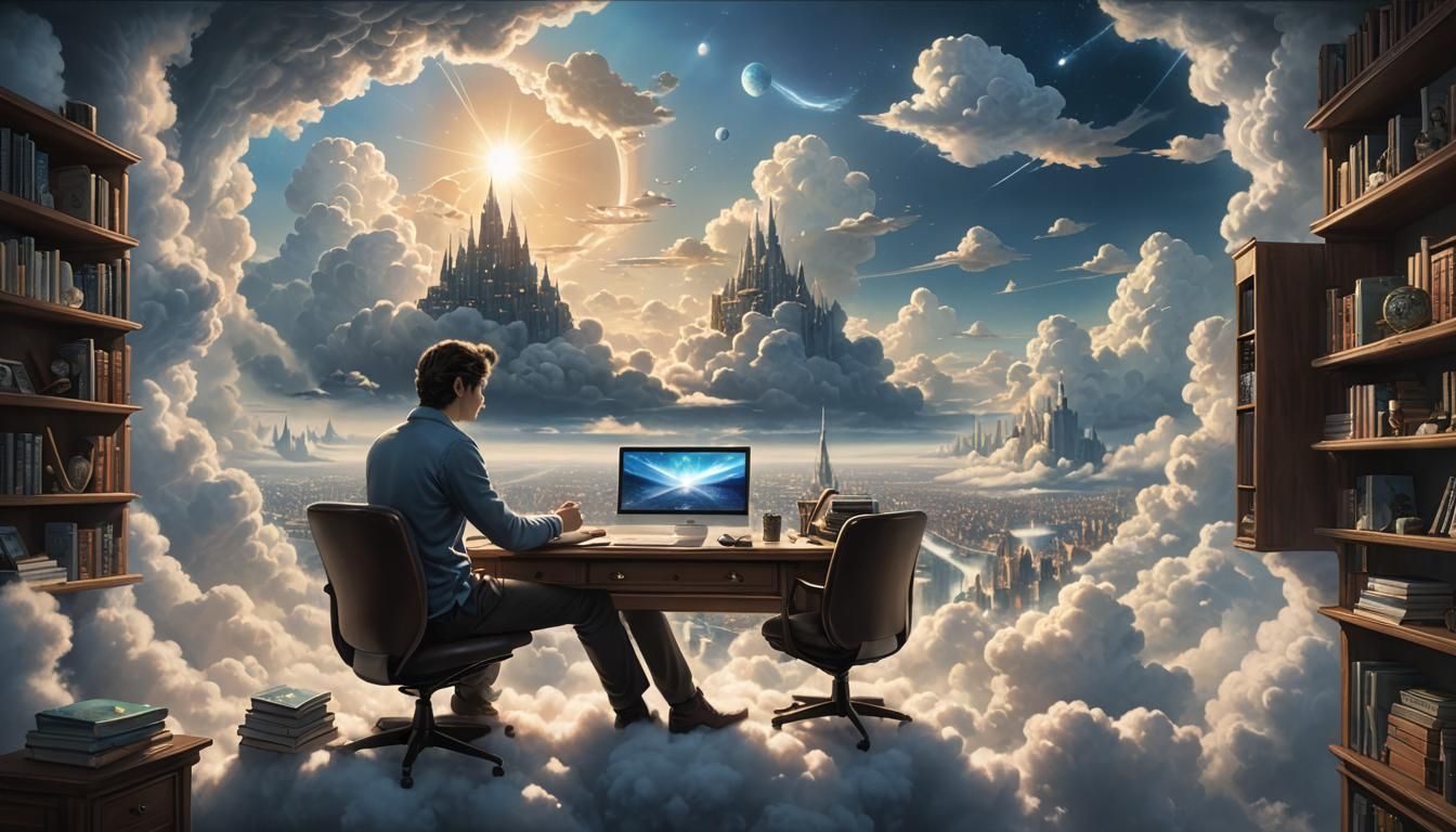 a man sitting at a computer desk in front of a shelf, looking through ...