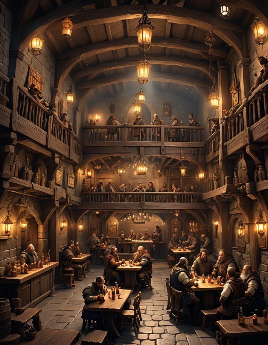 Tavern with diverse guests: humans, dwarves, elves and others in ...
