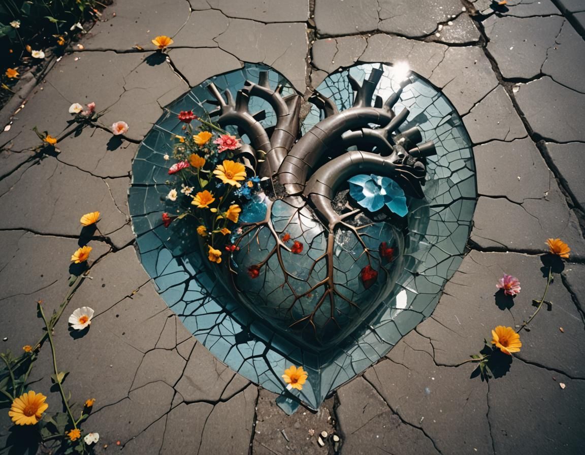 Low-angle shot, on a cracked shattered glass, extremely dynamic ...