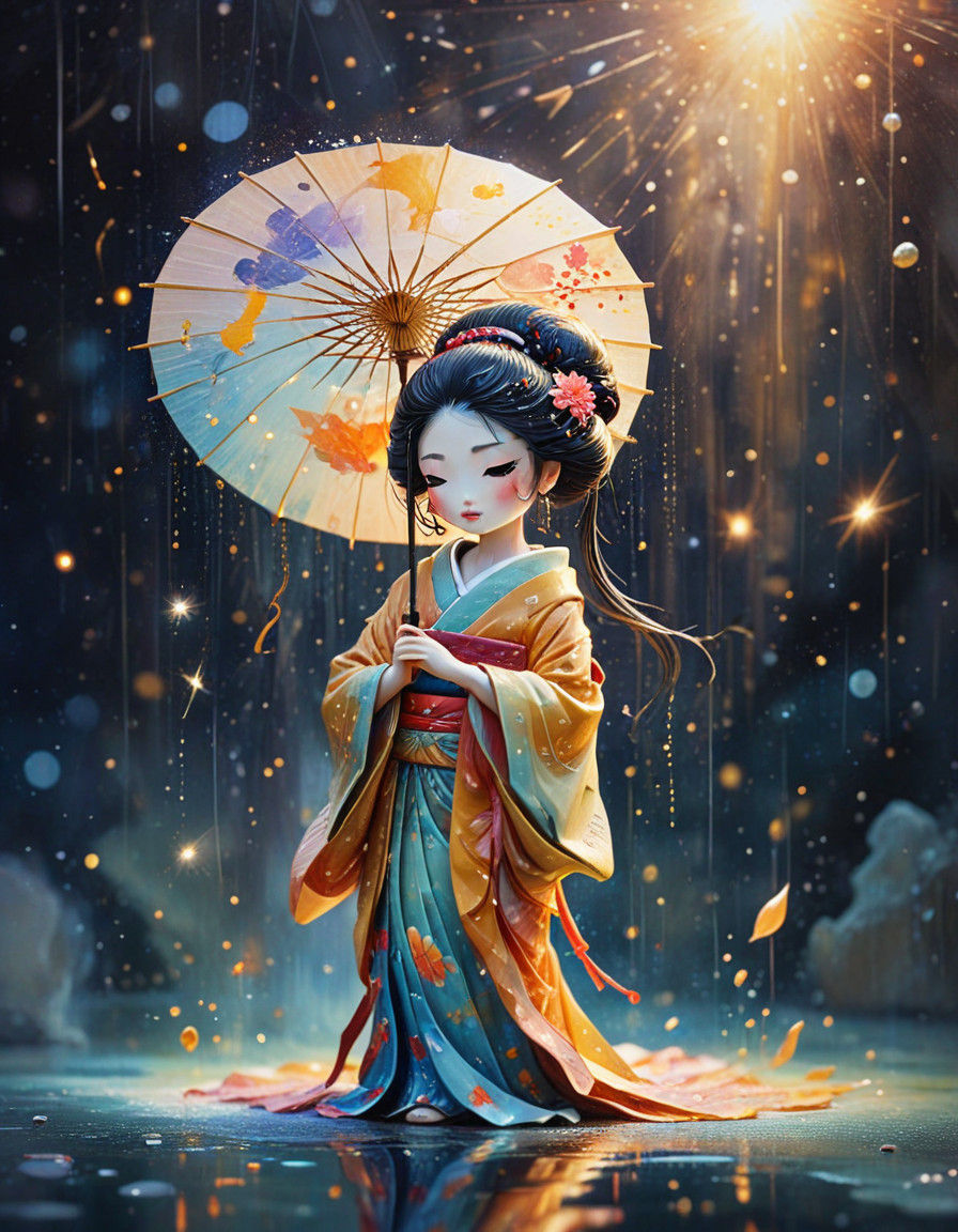 Geisha in the Rain. - Whimsical Chibi Geisha in a Watercolor...