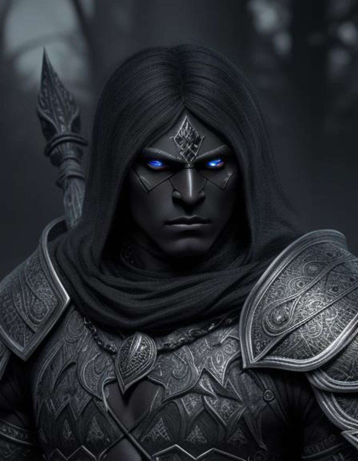 male dark drow elf warrior, completely dark grey skin, dark elf, deep ...
