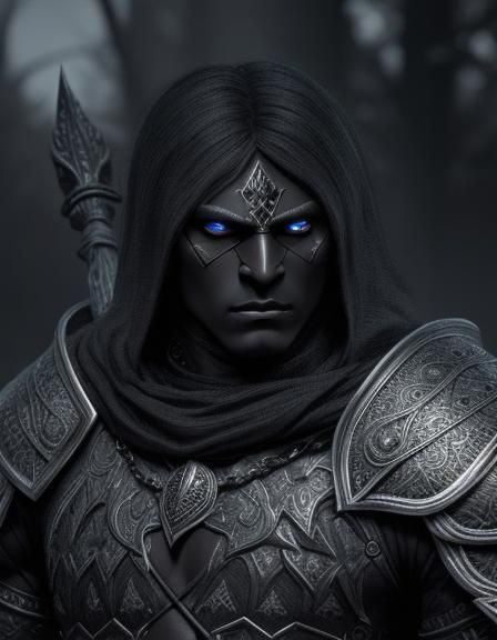 male dark drow elf warrior, completely dark grey skin, dark elf, deep ...
