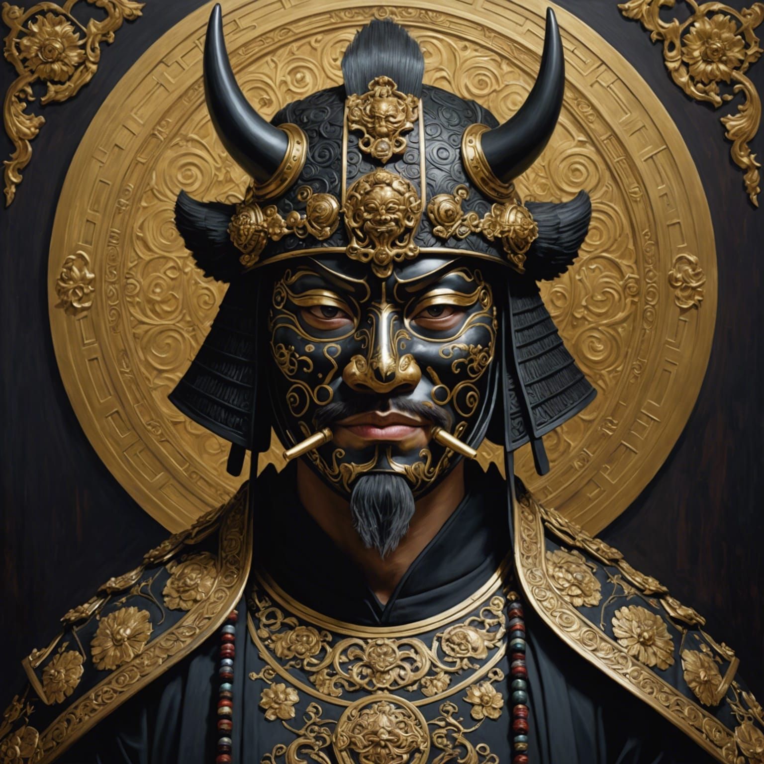 a portrait of an elaborate intricate black Japanese Samurai Mask, deep ...