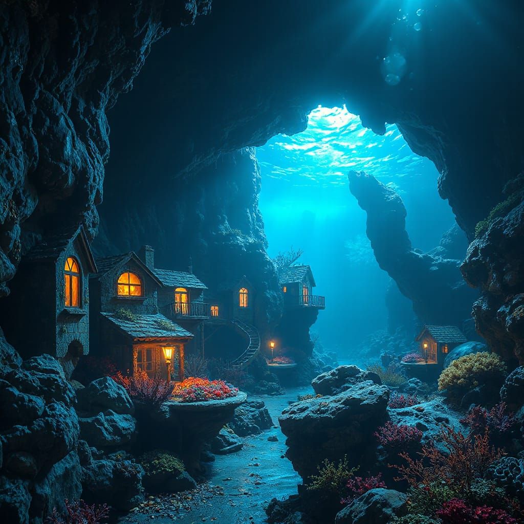 A glowing underwater neighborhood built into coral reefs or sea caves.