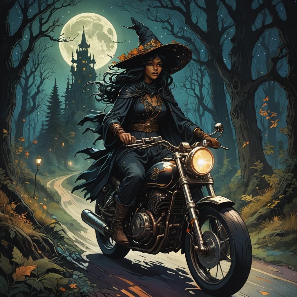 Witch riding a motorbike - AI Generated Artwork - NightCafe Creator