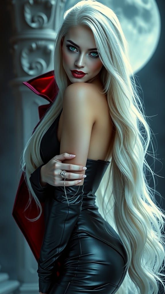 Ethereal Vampire Goddess in Crimson Cape and Plati... - AI Art