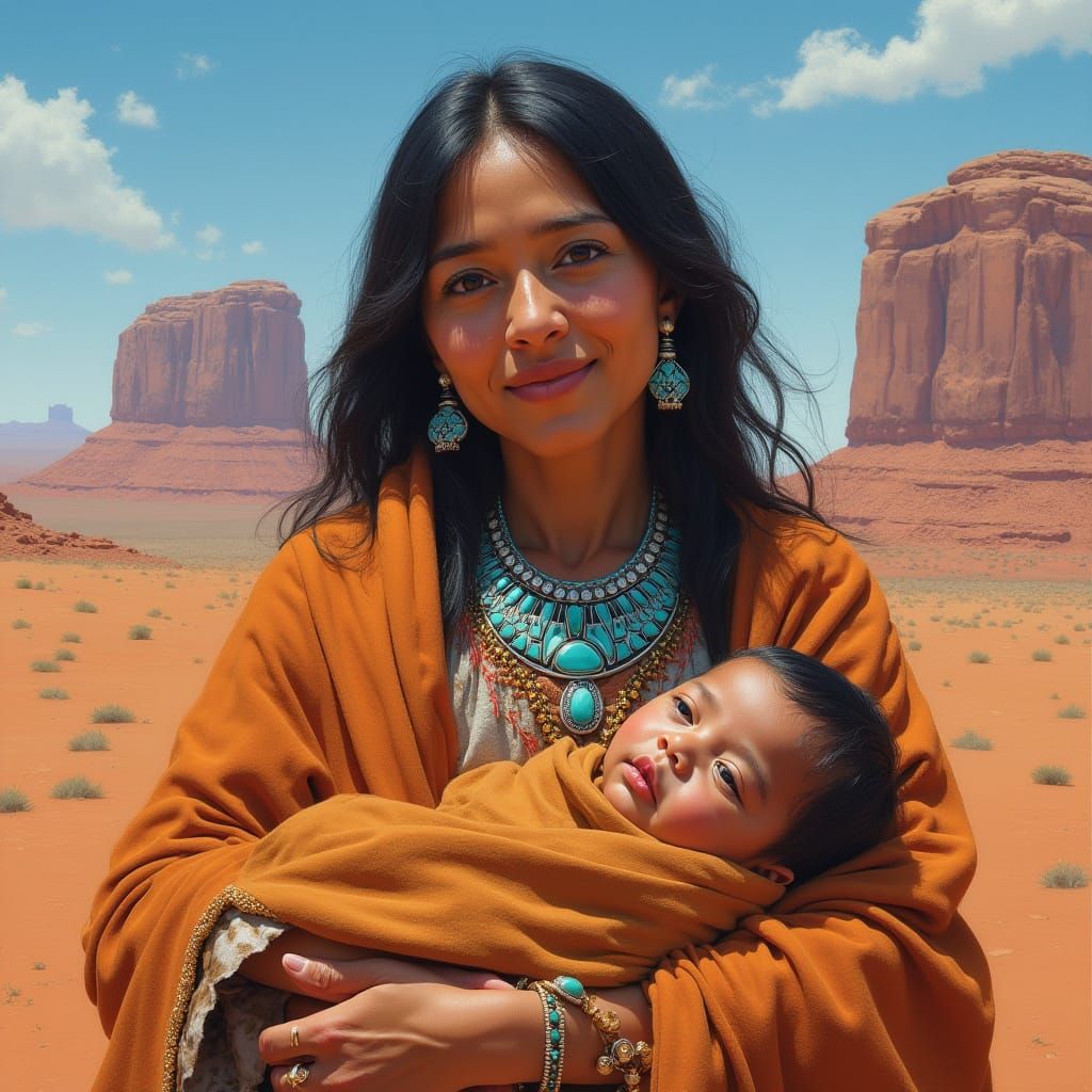navajo mother carrying her child - Navajo Mother in Majestic...