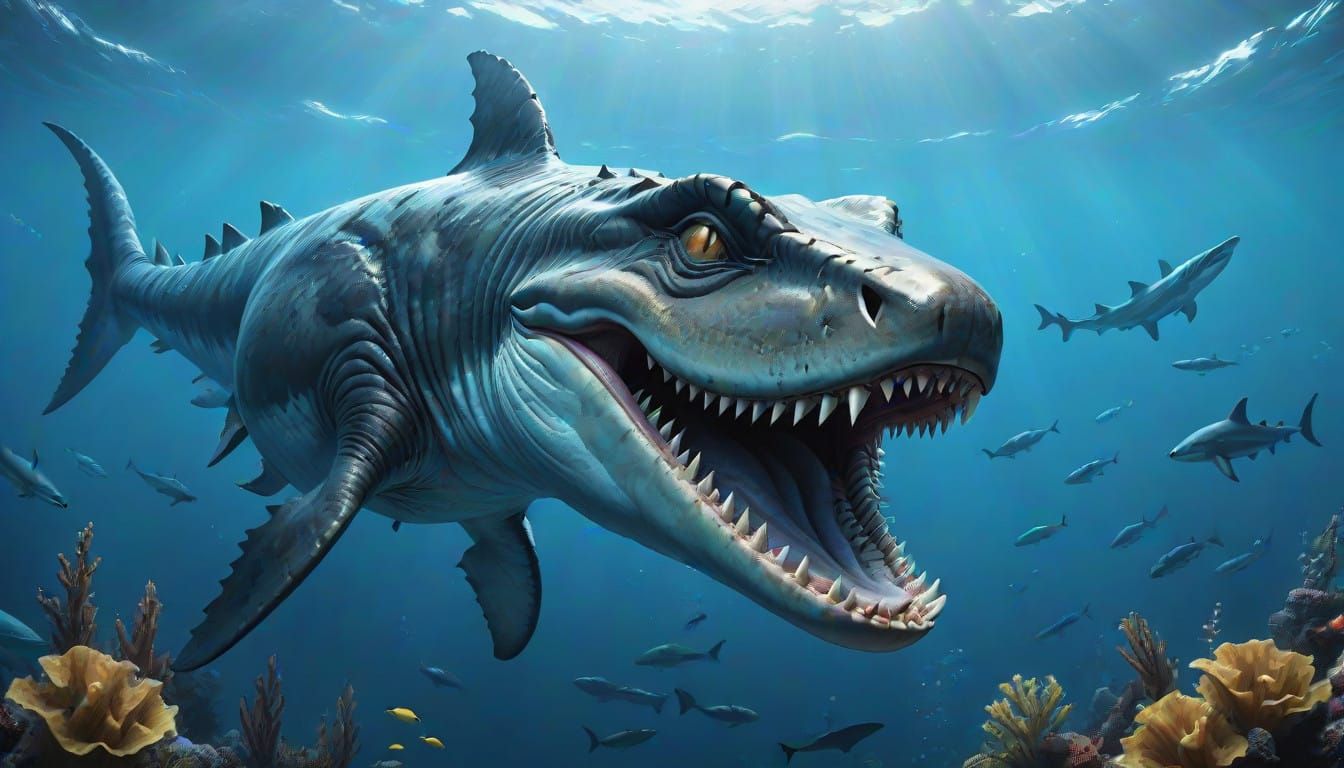 gigantic mosasaur at the bottom of a blue ocean hunting a gigantic ...