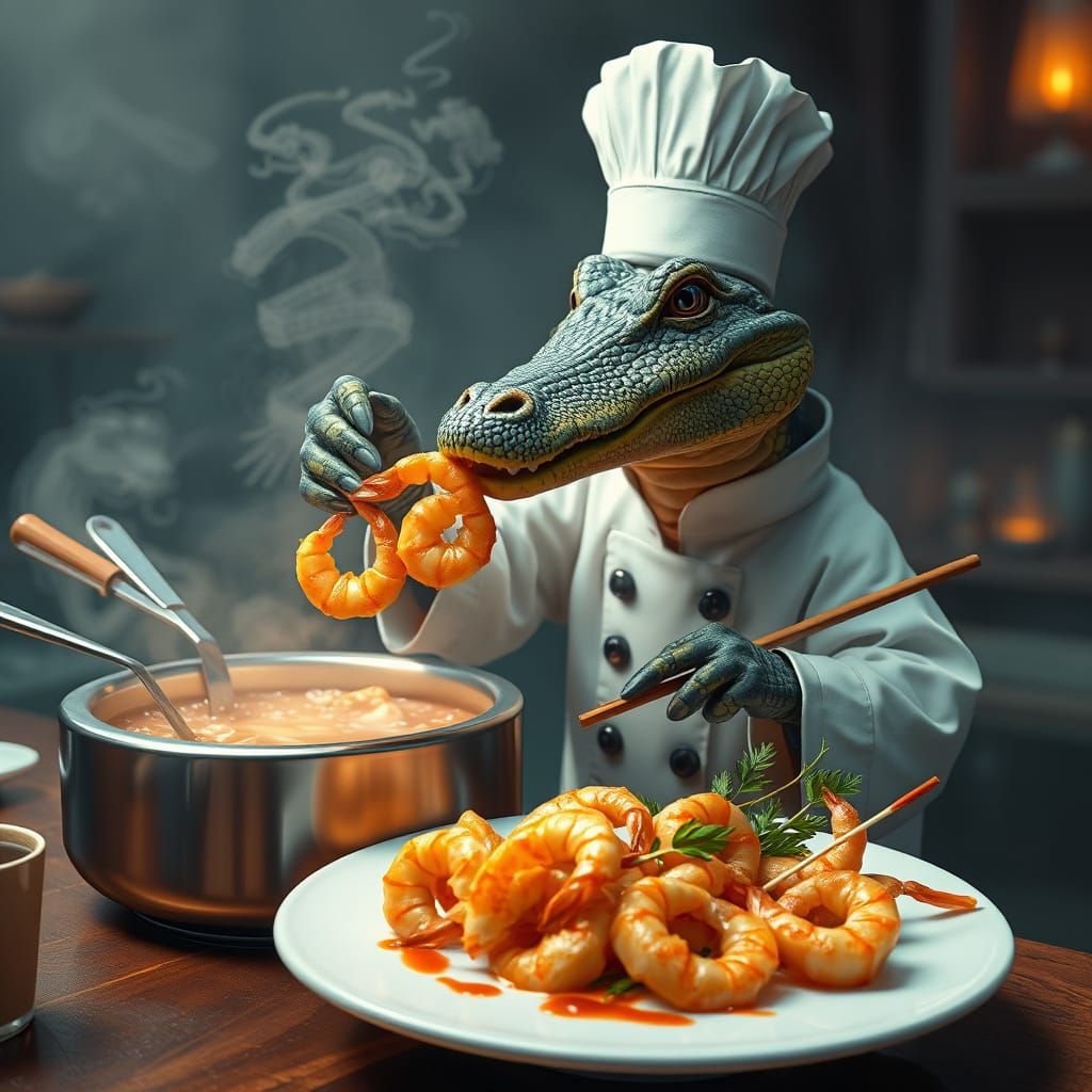 Surreal Alligator Chef Fries Succulent Shrimp in a... - AI Art