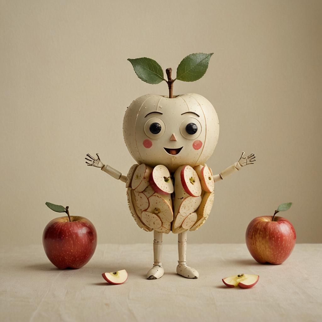A vintage toy, made out of parts sliced from an apple, the apple core ...