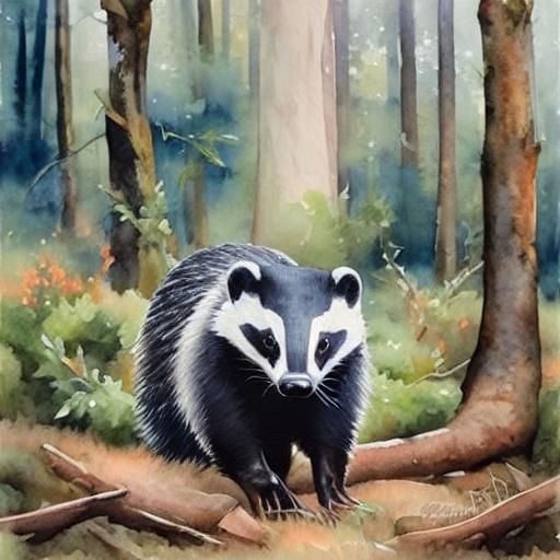 Watercolor painting of a badger in the woods, modern European ink ...