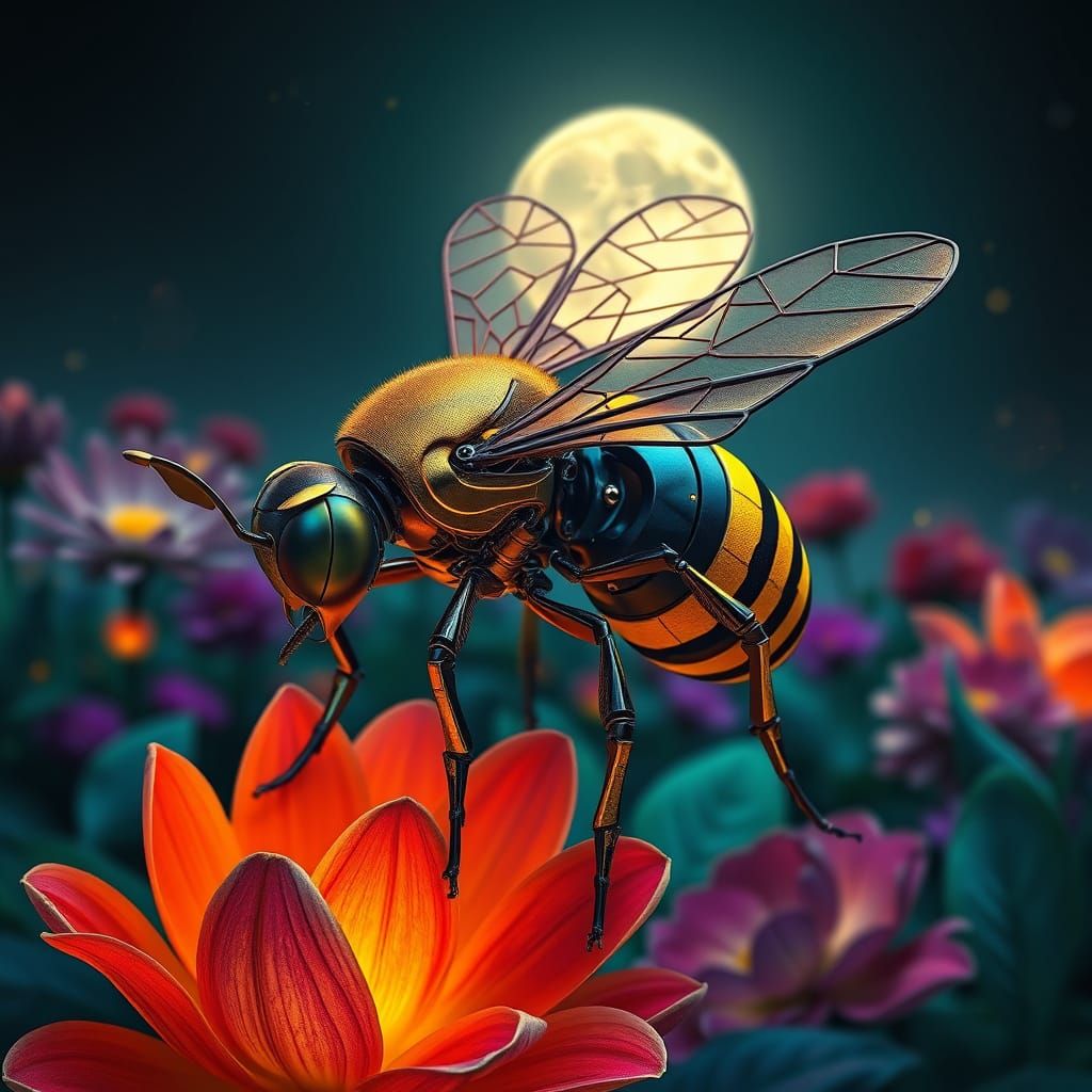 Mecha-Bee - Golden Metallic Bee Robot Amidst a Dreamlike Gar...