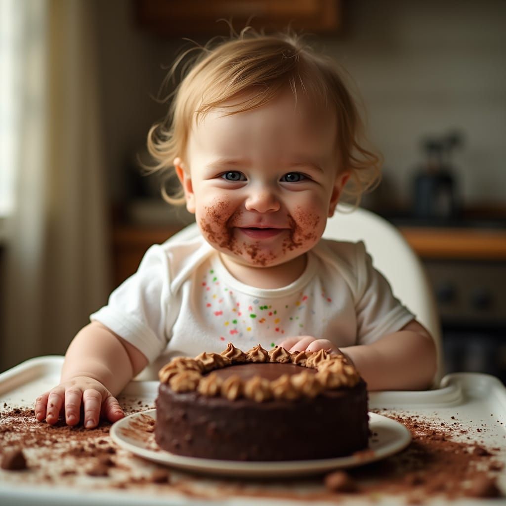 baby devouring a chocolate cake - Mischief in the Kitchen: