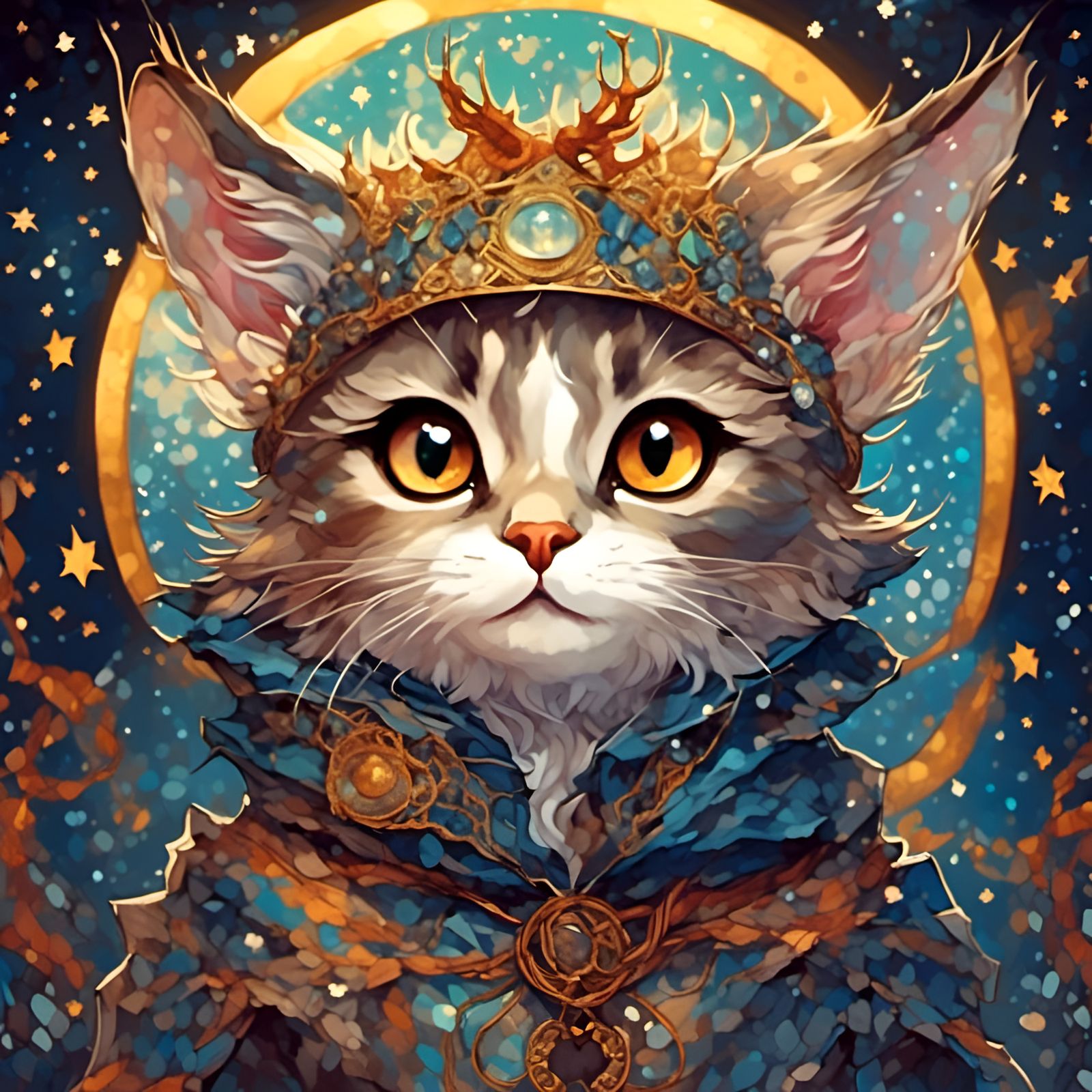 an adorable chibi cat dressed up as reindeer, dark starry night ...