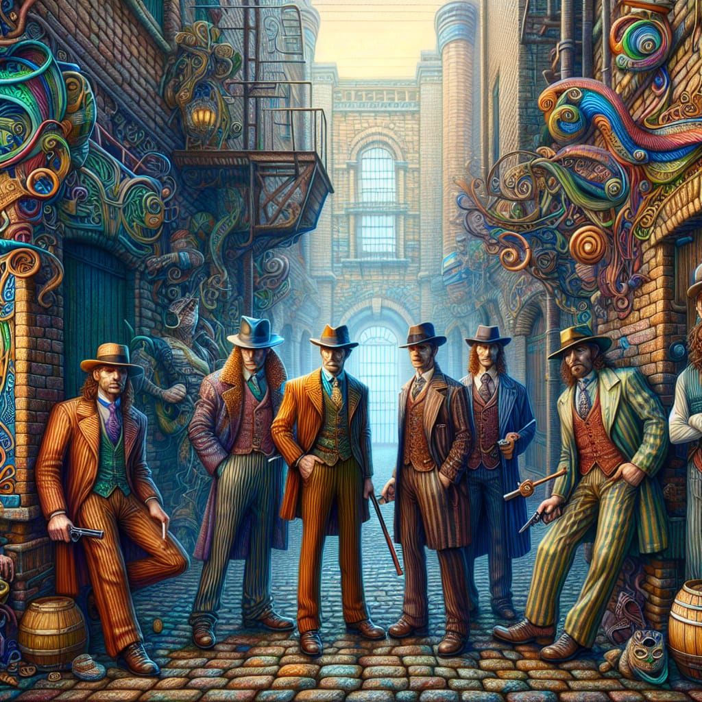 Fantasy scene set in an alleyway with gangsters, style of Anato Finnstark, and finished off in ...