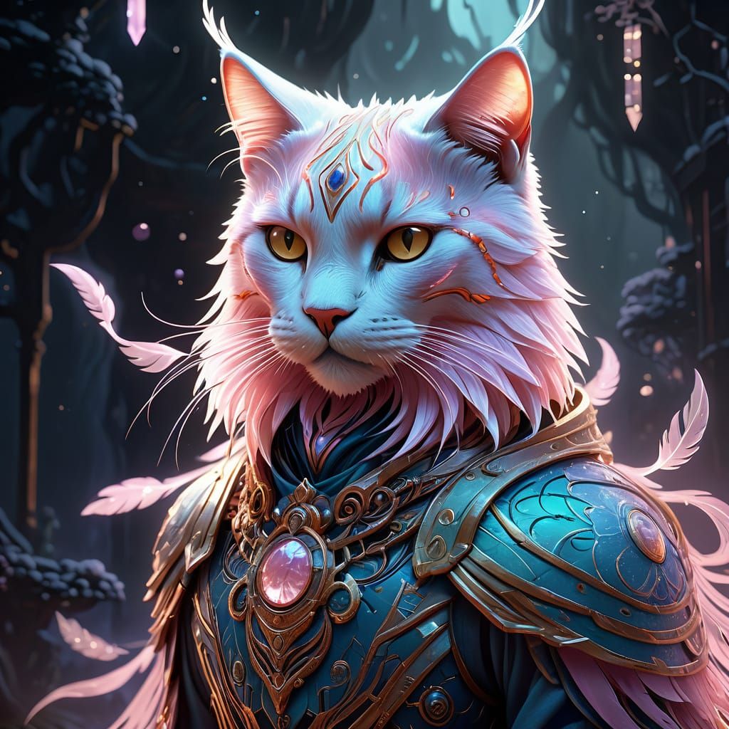 A mysterious mythical humanoid cat creature with translucent light pink ...