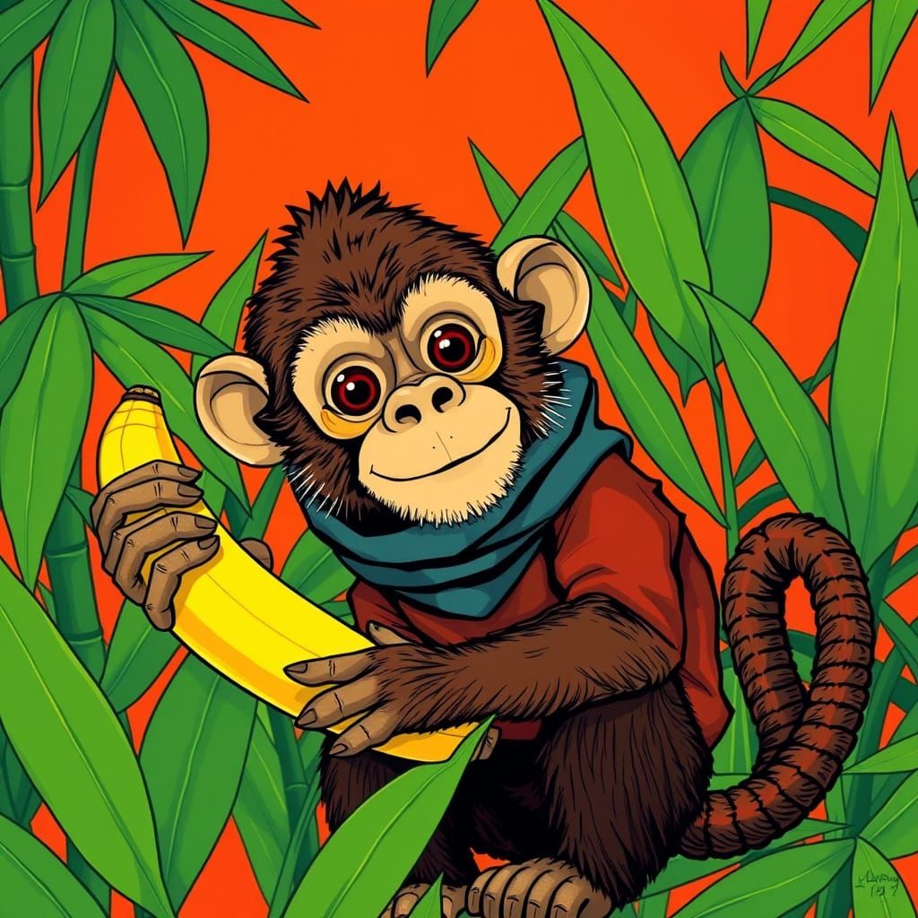 Whimsical Bamboo Monkey in Colorful Jungle - AI Art