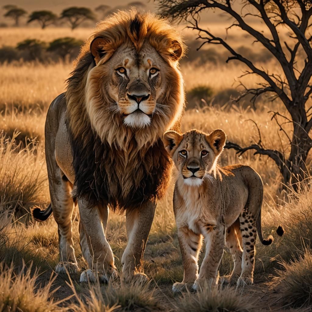 a proud lion teaching his cub the art of hunting on the vast African ...