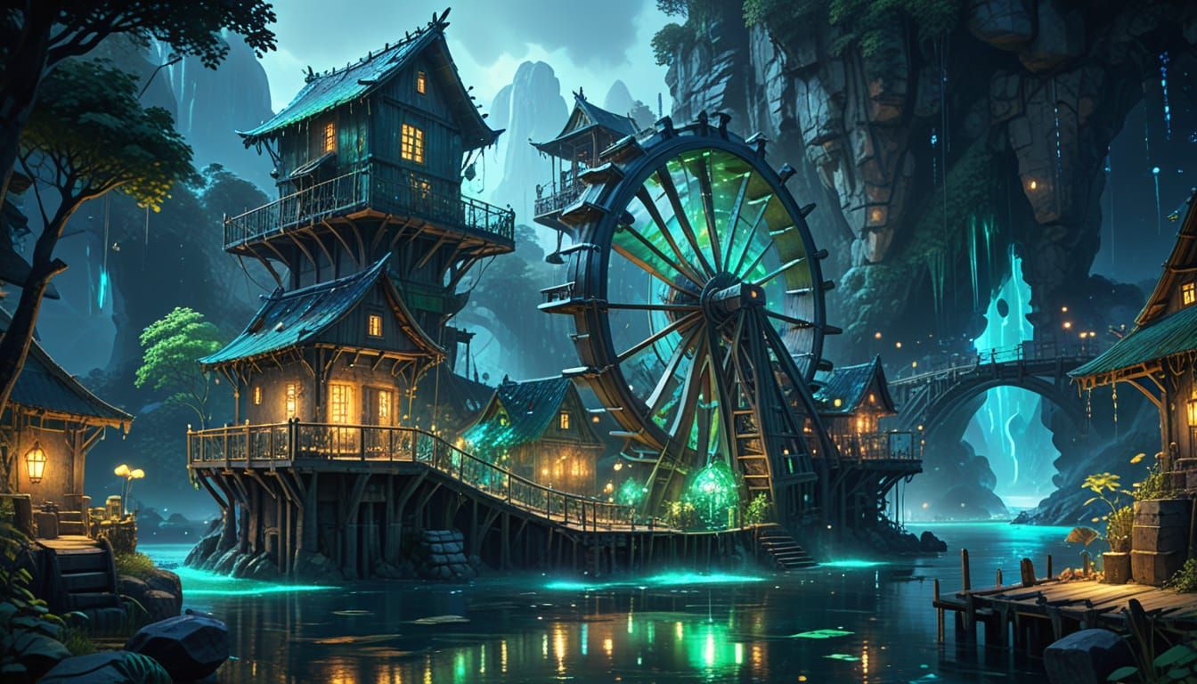 waterwheels - Crystal Village on a Fantasy Waterwheel