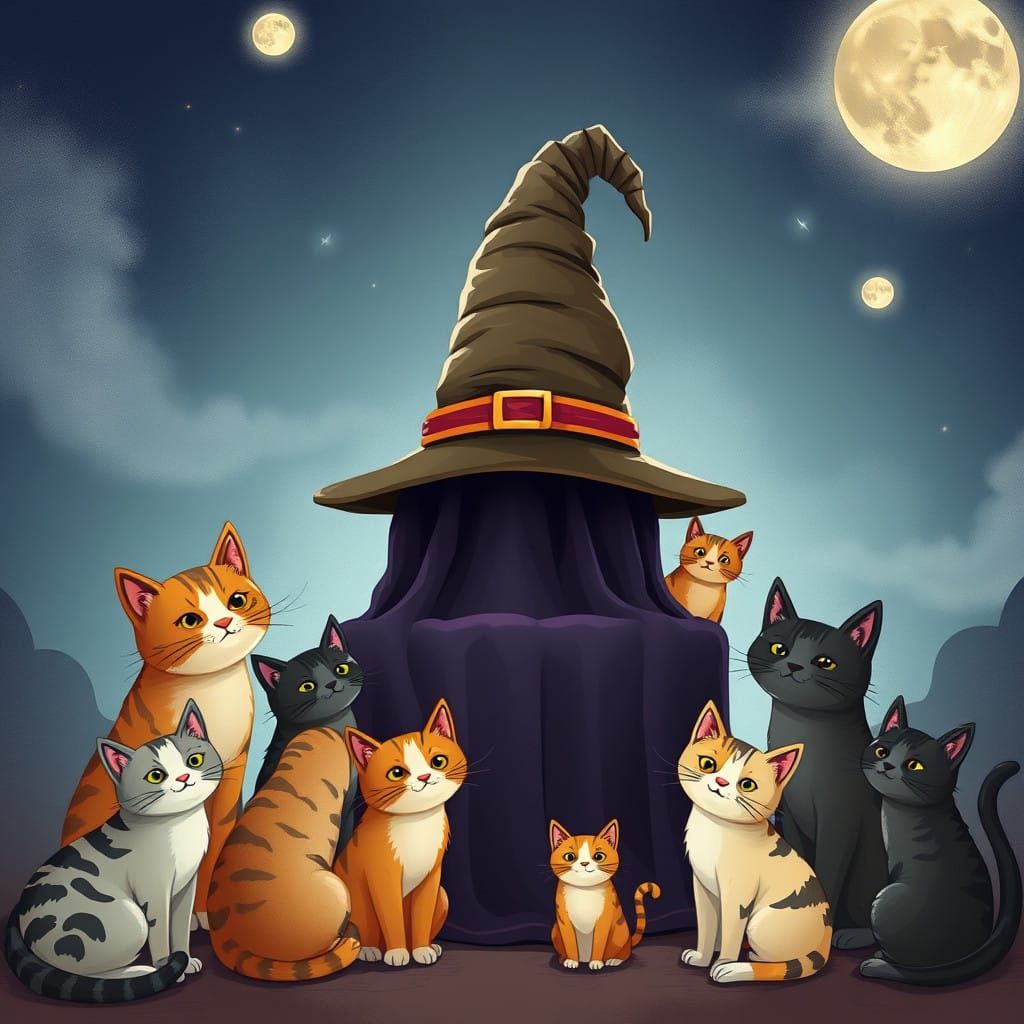 Sorting Hat Scene with Whimsical Cats - AI Art
