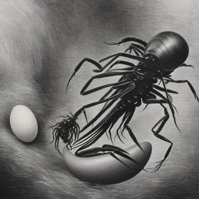 black-and-white illustration of a crustacean-like alien hatching from ...